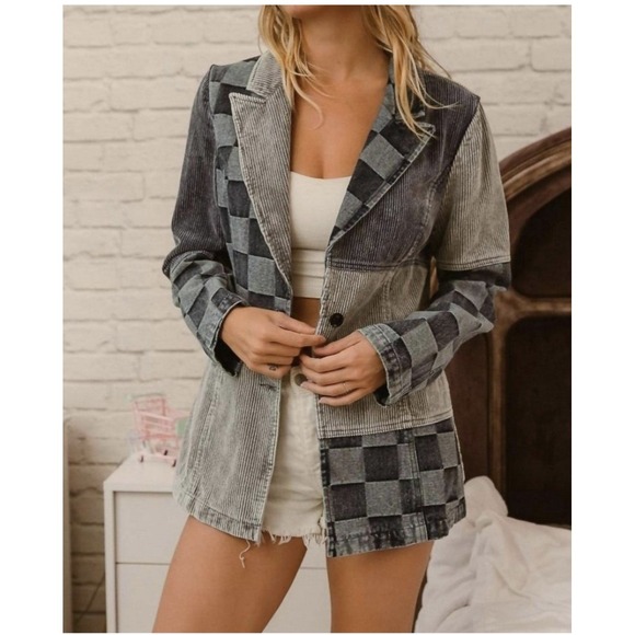 BiBi | Jackets & Coats | Bibi Checkered Jean Jacket Black And Gray ...